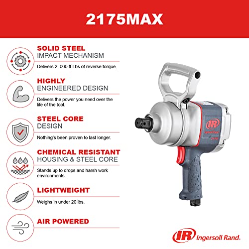 Ingersoll Rand 2175MAX 1" Pistol Grip Impact Wrench, Air Powered, Up to 2000 ft lbs Reverse Torque Output, Lightweight, 360 Degree Adjustable Handle, Steel Core, Gray