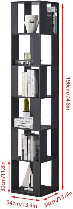 RVEE Rotating Bookshelf 360°, 6 Tier Corner Bookcase for Living Room Floor Bookcase Wooden Bookshelf Home Office Corner Tall Bookcase (Black)