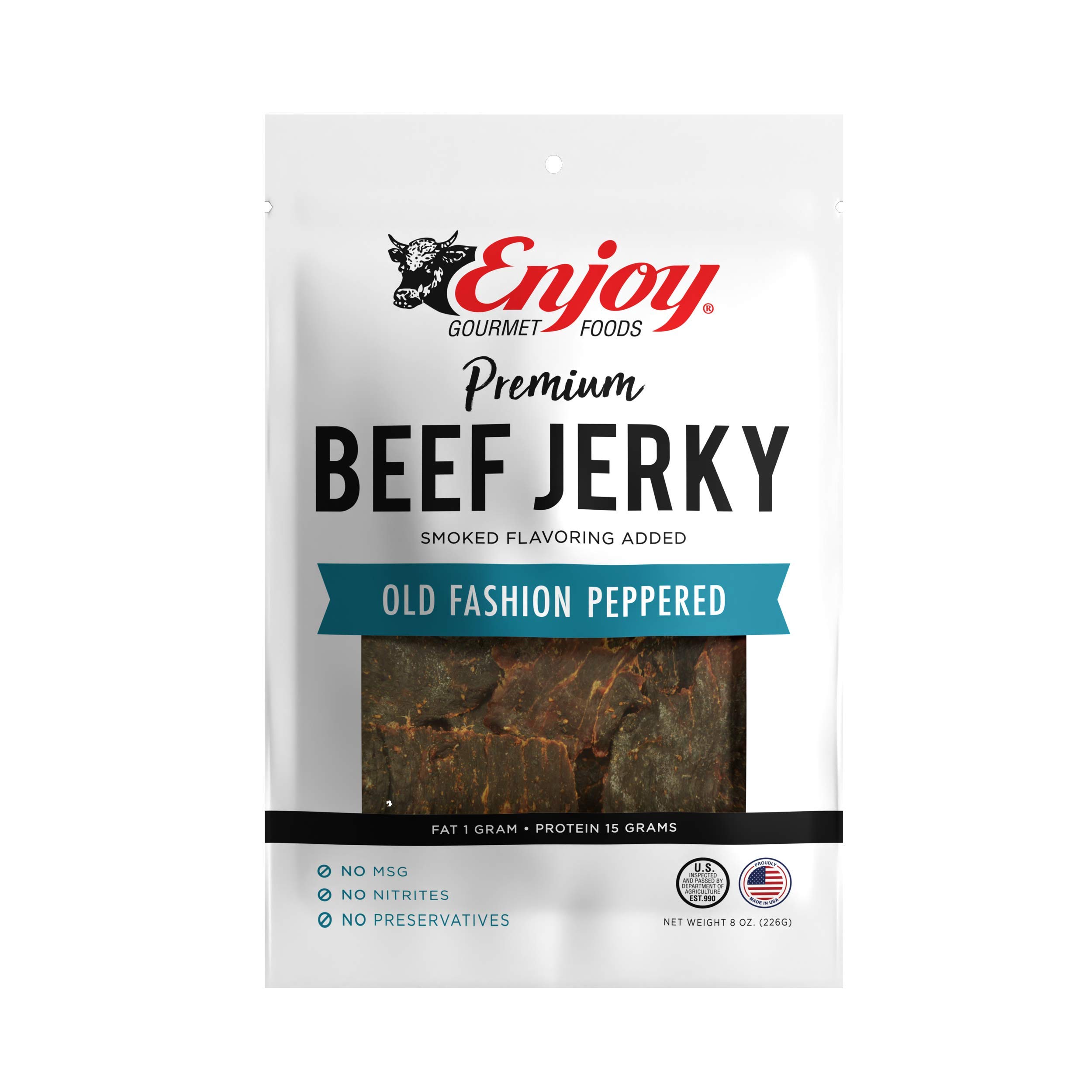 Enjoy Beef Jerky Old Fashion Peppered | 8 oz (Pack of 1) | Traditional Style | USA Made | High Protein | Low Fat | Zero Trans Fat | No Preservatives | No MSG | No Nitrites | Resealable Bag