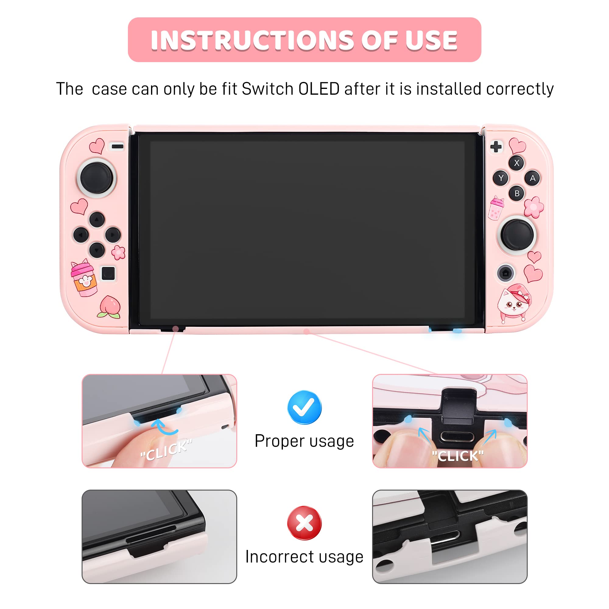 FANPL Cute Case Compatible with Nintendo Switch OLED 2021, Pink Cover with Milk Tea & Cat Pattern for Switch OLED, Hard PC Shell with Ergonomics Joycon Case, Dockable Protective Case for Girls