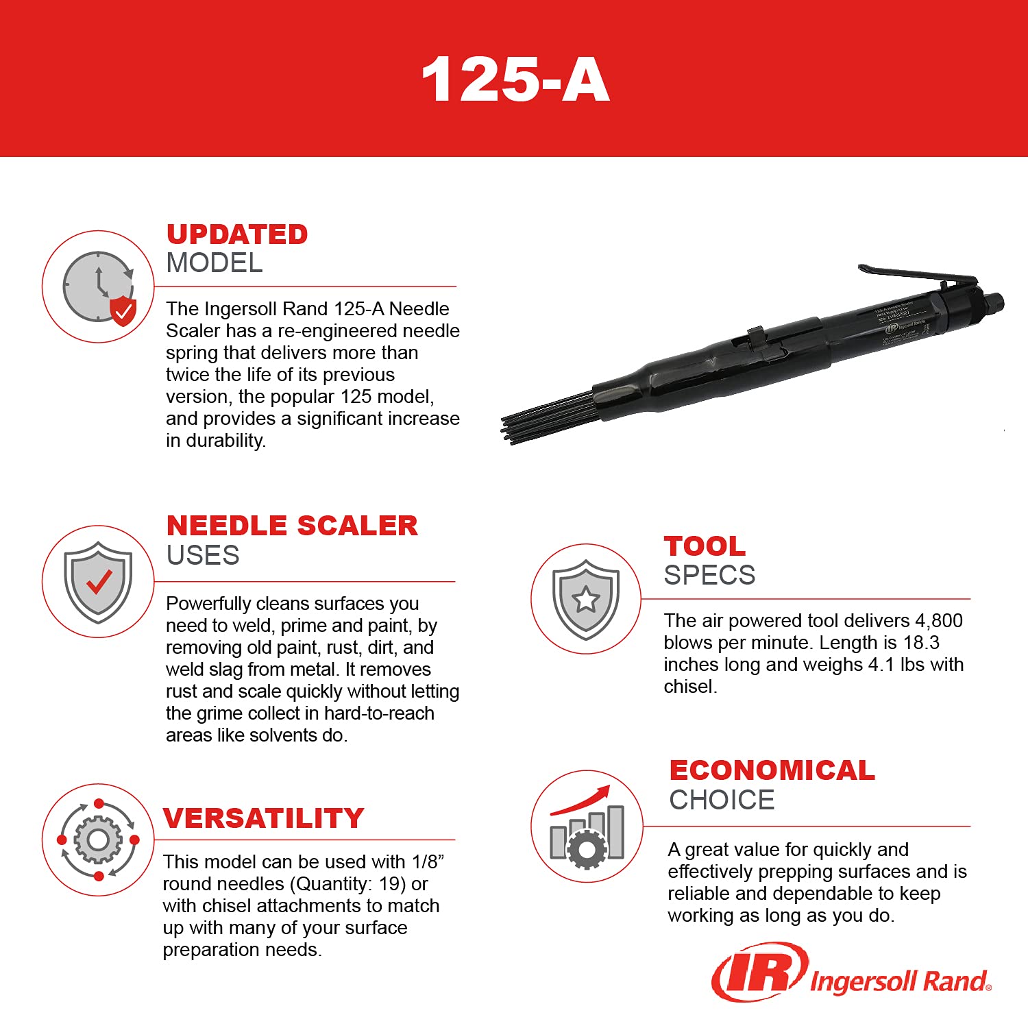 Ingersoll Rand 125-A Air Needle Scaler, 4800 BPM, 1-1/8" Stroke