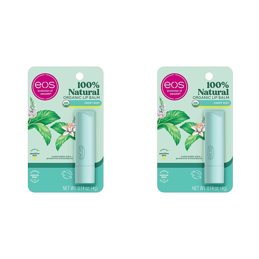 eos 100% Natural & Organic Lip Balm- Sweet Mint, Dermatologist Recommended, All-Day Moisture Lip Care, Made for Sensitive Skin, 0.14 oz (Pack of 2)