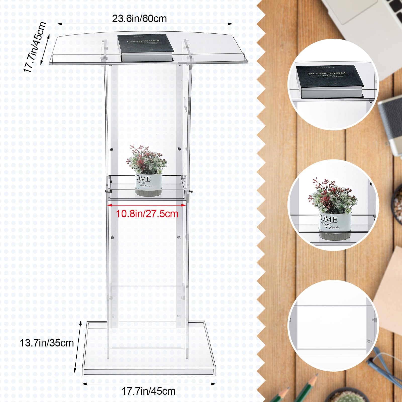 Geetery Acrylic Clear Podium Stand Church Podium Pulpit with Storage Shelf Classroom Pulpits for Conference Lectern for Church Speeches Weddings Professional Presentation Debate (White,43 Tall)