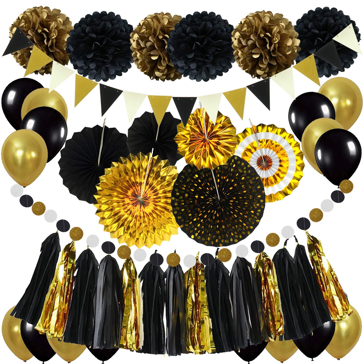 ZERODECO Black and Gold Decorations, Hanging Paper Fans Pom Poms Flowers Tassel Garlands String Triangle Bunting Flags and Balloons for Birthday Graduation Congrats Grad New Years Party Décor