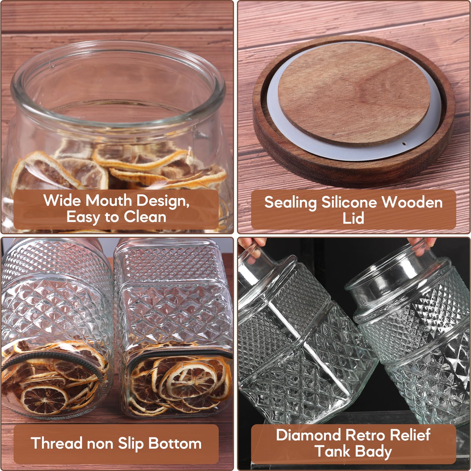 EkkoVla 60 FL OZ Large Glass Storage Jar, Set of 2 Glass Food Storage Containers with Wooden Lids, Kitchen Cereal Canisters Decorative Glass Jars with Airtight Lids for Candy Snack Nuts Coffee Tea