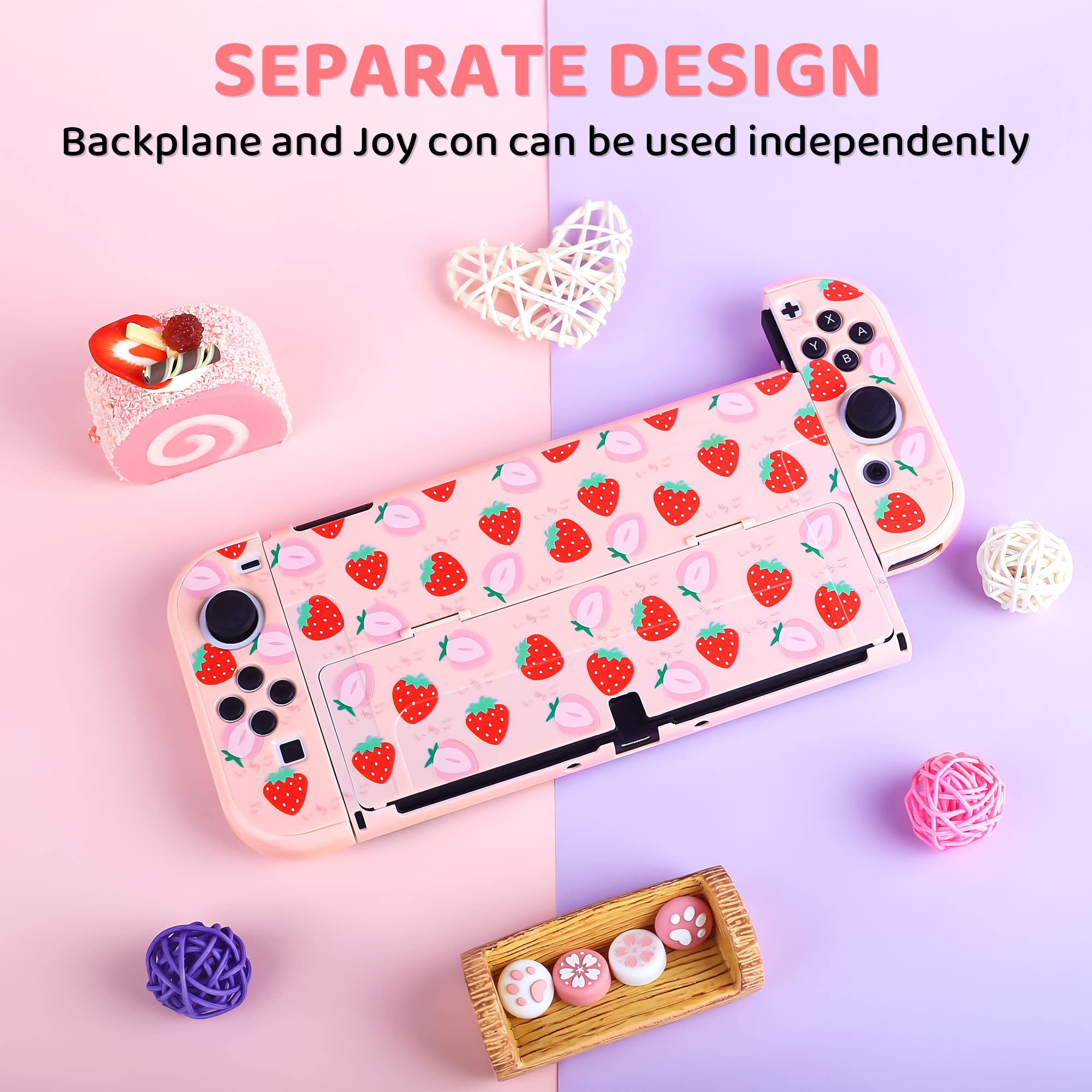 FANPL Pink Protective Case for Nintendo Switch OLED, Cute PC Case Cover Compatible with Switch OLED, Kawaii Skin Accessories for Girls with Thumb Caps and Screen Protector - Pink Strawberry Pattern
