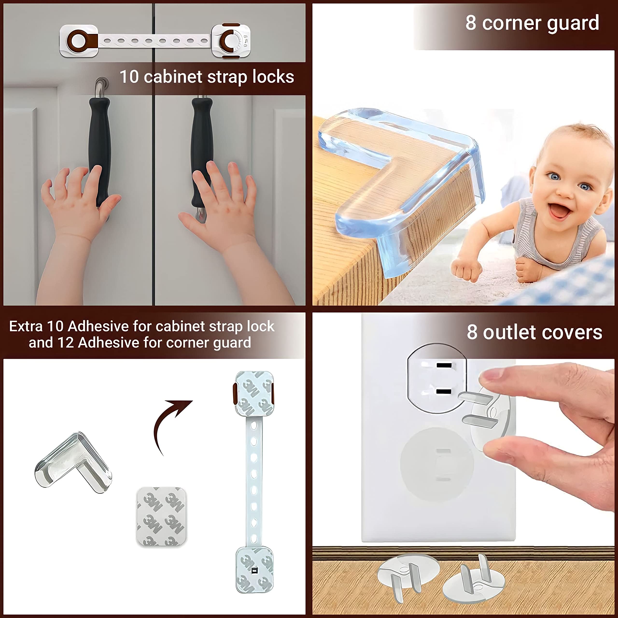KP'S Baby Proofing Kit - 10 Child Proof Cabinet Locks for Babies - 8 Baby Proofing Outlet Covers - 8 Corner Protector Baby - Extra 10 + 12 Adhesives - 26 Pack (White)