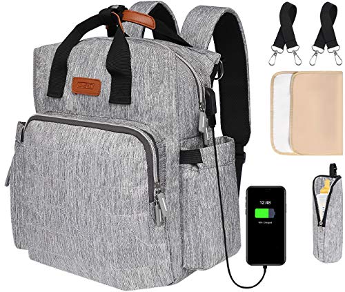 Diaper Bag Backpack, Multifunction Diaper Bags for Baby Boy, Convenient Backpacks for Girl,Water Resistant Nappy Organizer with Changing Mat,Stroller Straps,USB Charging Port,Insulated Pockets,Grey