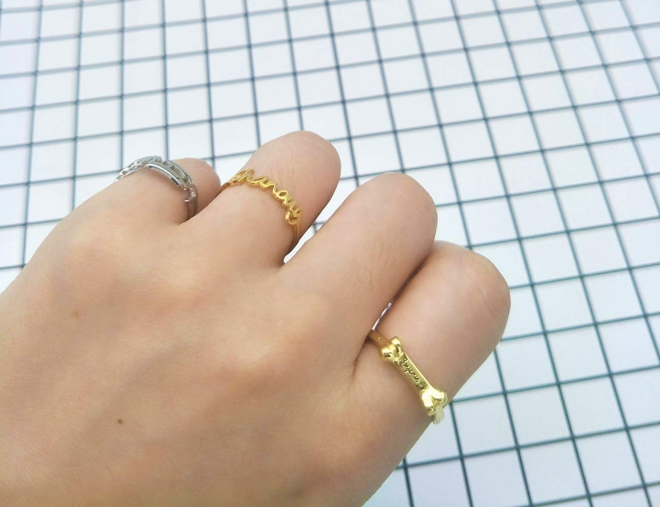 Funcok Personalized S925 Gold Plated Bone Shape Dog Paw Custom Name Ring for Women Jewelry