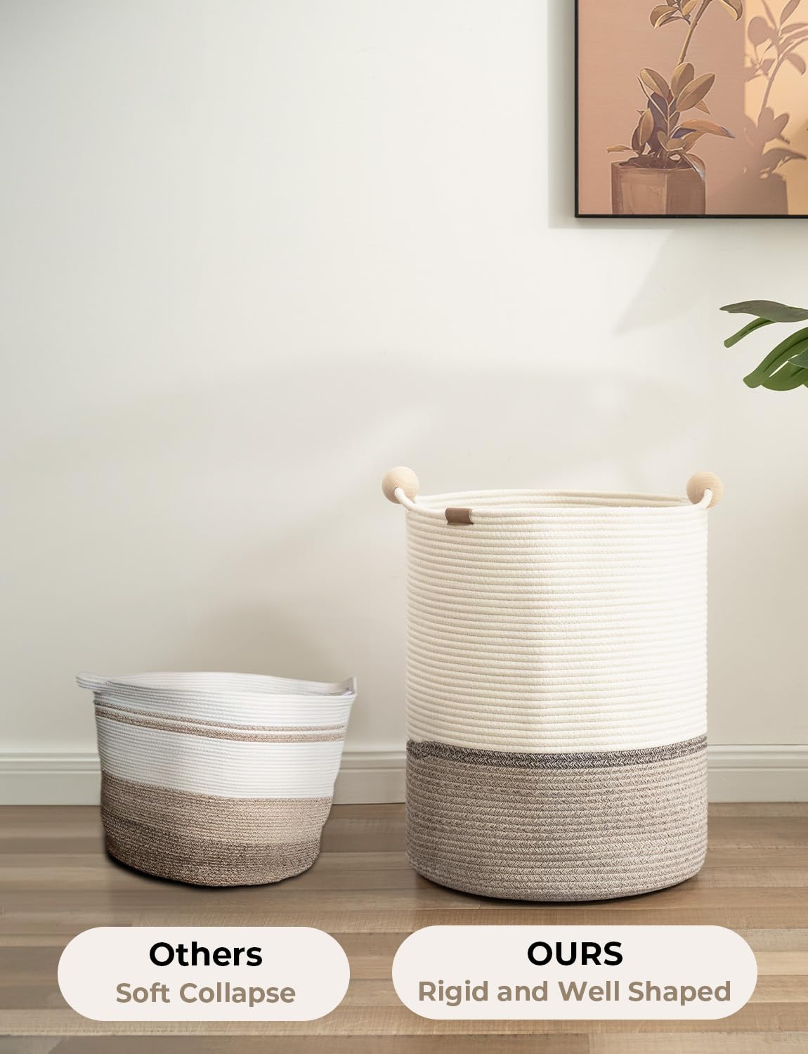 StorageWorks 58L Cotton Rope Laundry Basket with Wooden Beads Handles, Woven Basket for Storage, Dirty Clothes, Kids Toys, Towels, White & Light Brown