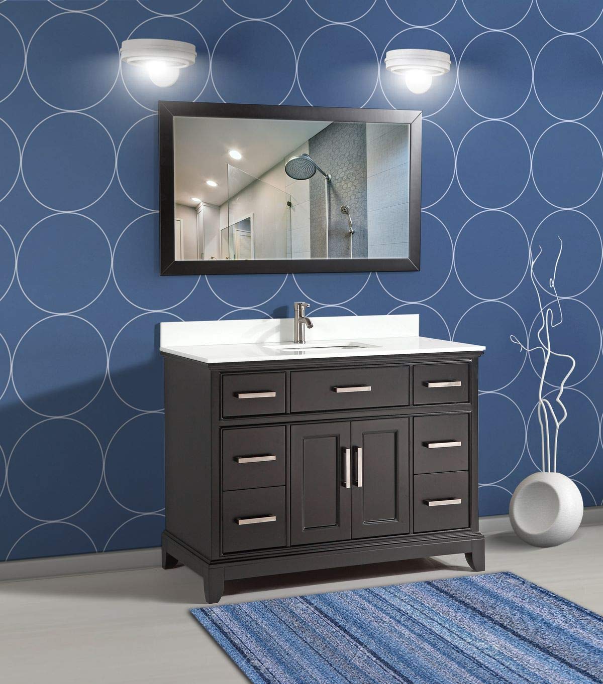 Vanity Art 48 Inch Bathroom Vanity with Sink and Mirror | Carrara Marble Stone top Storage Bathroom Organizer Cabinet with Dovetailed Drawer, Soft Closing Door, Brushed Nickel Handles, VA1048-E