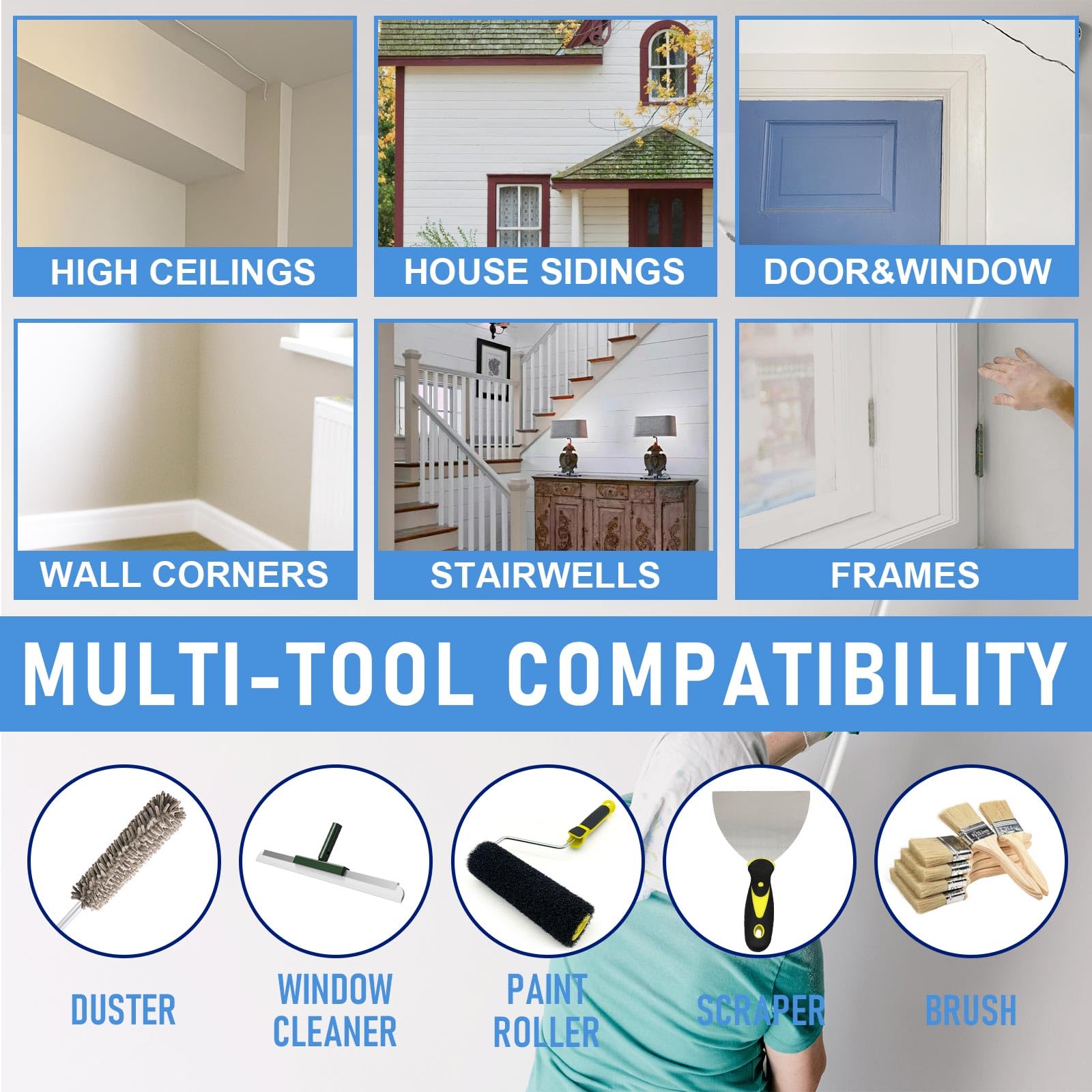Multi-Angle Paint Brush Extender, Extension Pole Attachments for Paint Brushes and Rollers, with Rotating Head, Great for High Ceilings, Corners, Edges
