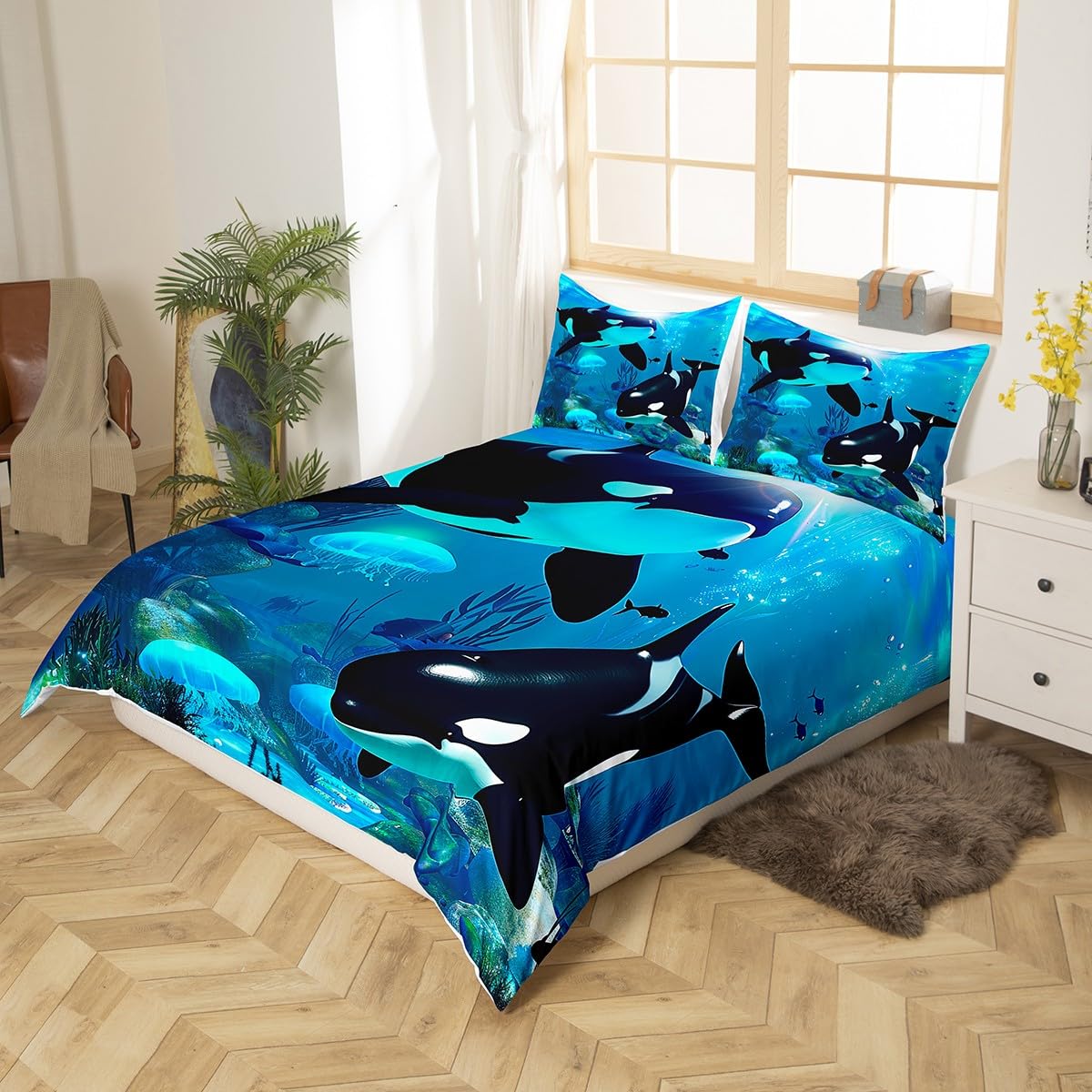 Teal Ocean Whale Comforter Cover Jellyfish Killer Whale Bedding Sets The Underwater World Duvet Cover Set Orcinus Orcas Deep Sea Animals Marine Life Bedspreads Cover With 2 Pillow Cases Full Size