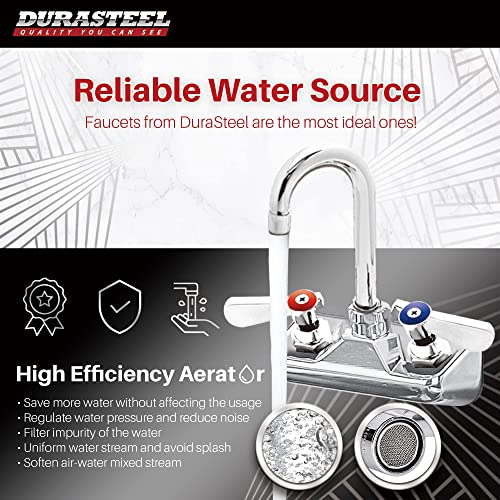 Kitchen Sink No Lead Faucet - DuraSteel 4" Center Wall Mounted Commercial Kitchen Sink Faucet with 3-1/2" Gooseneck Spout - NSF Certified - Dual Lever Handles - Brass Constructed & Chrome Polished