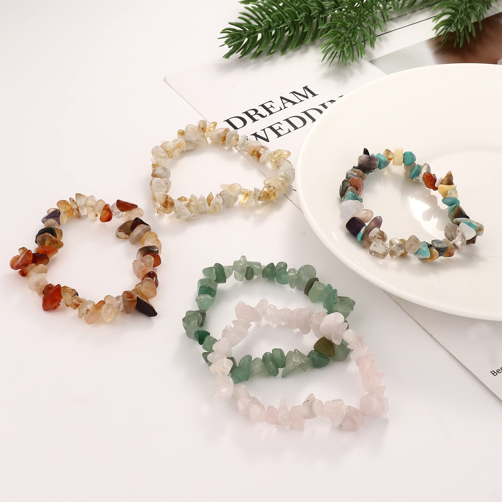 FIBO STEEL 16Pcs Natural Gemstone Chakra Crystal Healing Chip Stretch Bracelets for Women Tumble Polished Align Chakras Conquer Fear Increase Communication Reiki