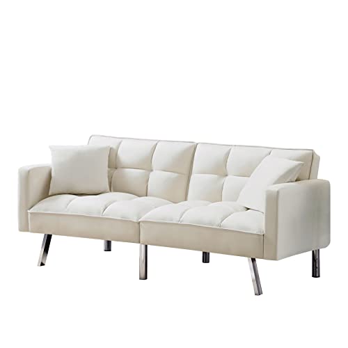 LCH Modern Tuft Futon Couch Convertible Loveseat Sleeper Reclining Sofa Bed Twin Size with Arms and 2 Pillows for Living Room, Beige