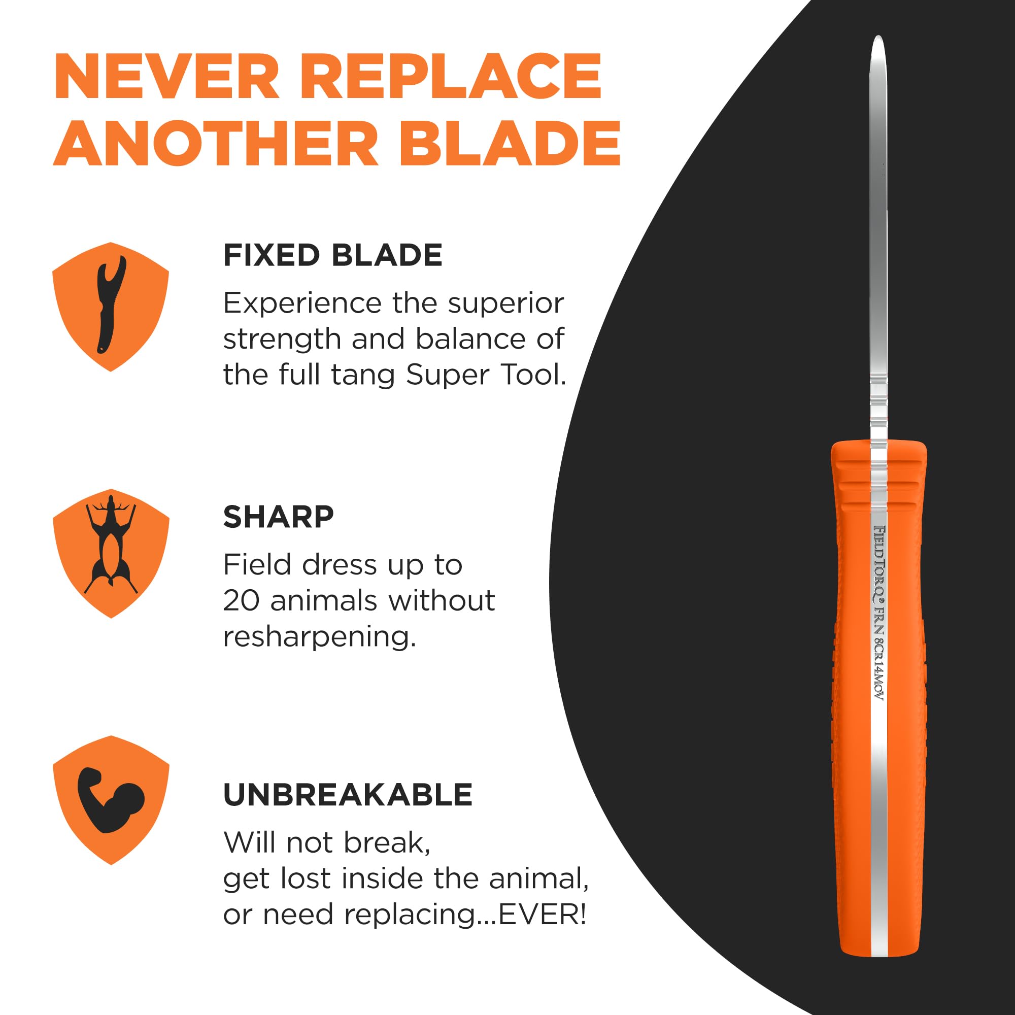 FIELDTORQ Super Tool | 4-in-1 Field Dressing Kit with Sheath & Sharpener | Skinning Knife for Hunting | Gut Hook Knife | Deer Hunting Knife Set