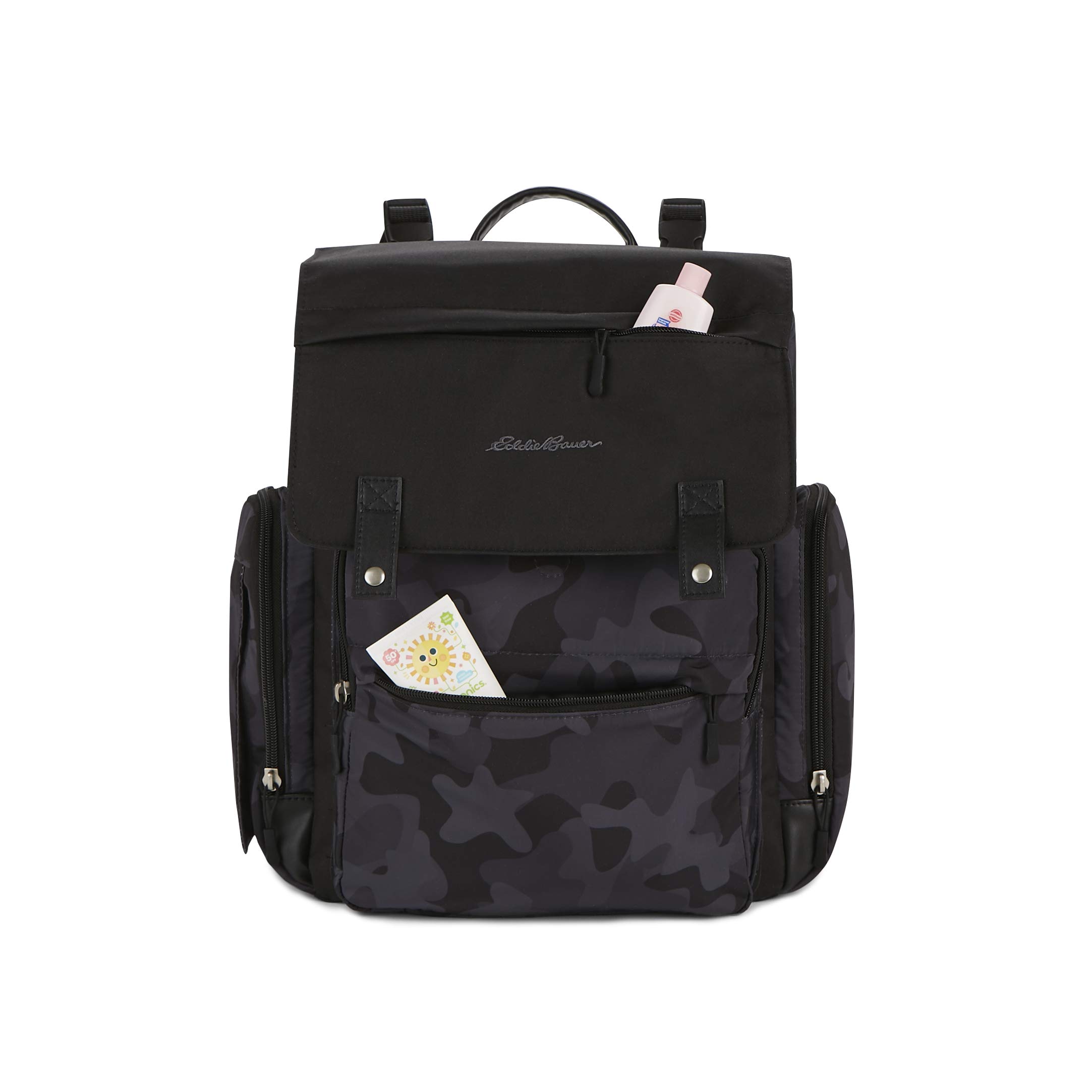 Eddie Bauer Places & Spaces Camouflage Compass Diaper Bag Backpack, Cooler Bottle Pockets and Changing Pad Included, Black and Camo