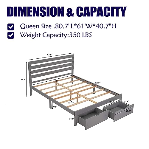 Novaris Queen Size Pine Platform Bed Frame with 2 Storage Drawers, Modern Classic Platform Bed with Headboard/Wood Slats Support/No Box Springs Needed for Bedroom Apartment Girls Boys (Queen, Gray)