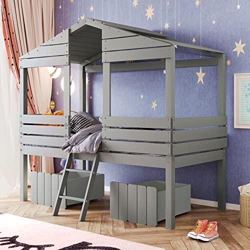 Merax Twin Kids Wood Low Loft House Bed with Drawers and Ladder Loft Bunk Bed for Juniors,Boys, Girls,No Box Spring Needed, Gray