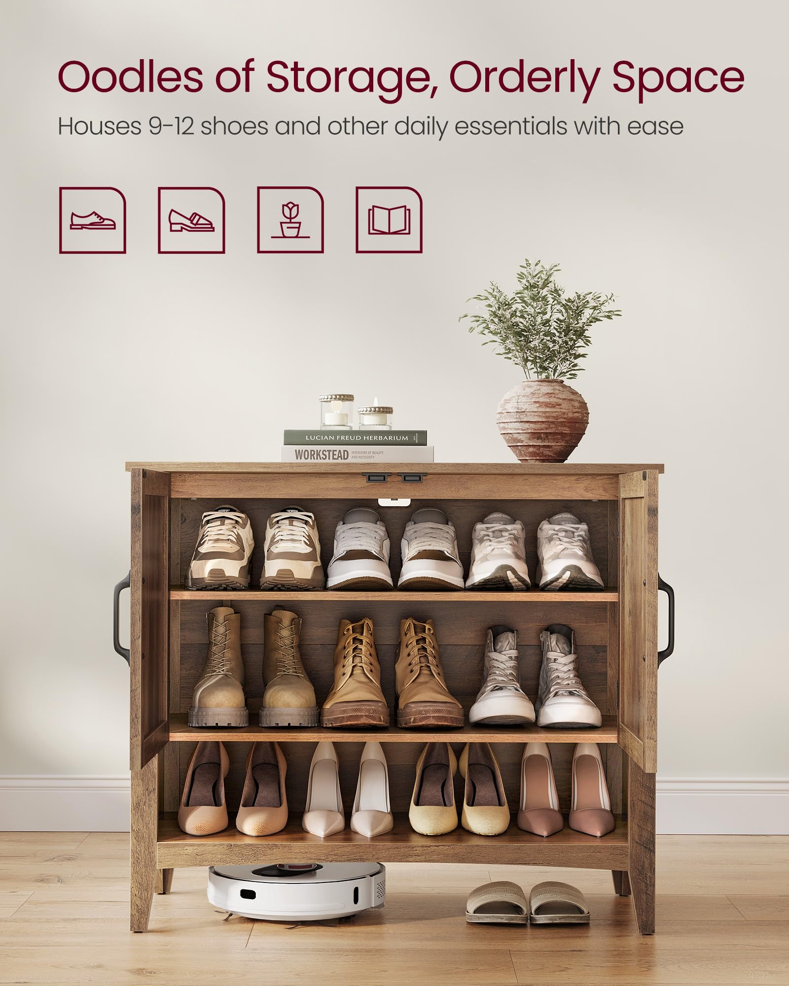 VASAGLE Shoe Cabinet, 3-Tier Shoe Storage Organizer, Shoe Shelf, Traditional American, Freestanding Cabinet with Height-Adjustable Shelf, 13.8 x 31.5 x 27.6 Inches, Entryway, Honey Brown ULBC038B01
