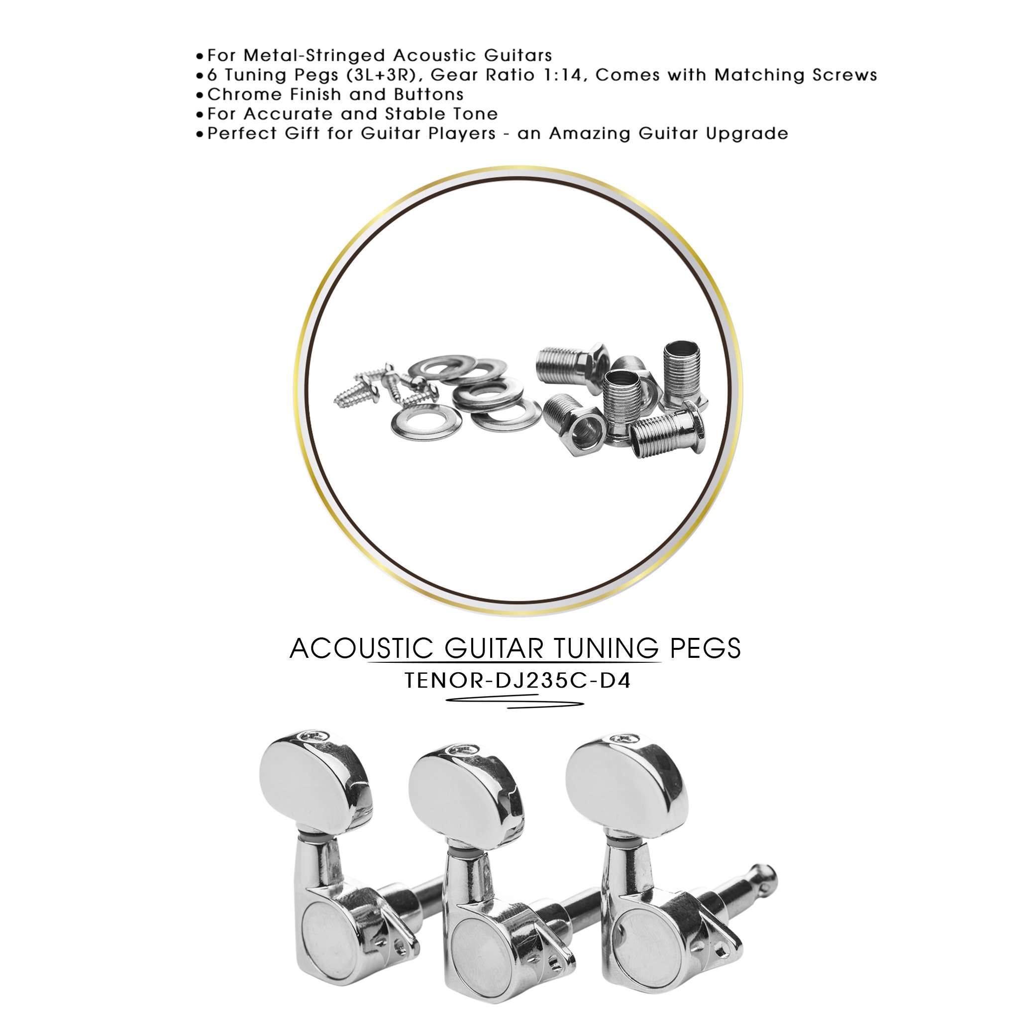DJ235C-D4 TENOR Acoustic Guitar Tuners, Tuning Key Pegs/Machine Heads for Acoustic Guitar with Chrome Plated Finish and Chrome Plated Buttons.