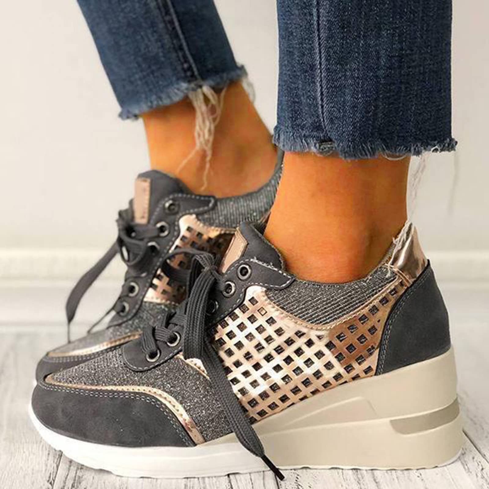 FASDNENDYS Ladies Fashion Leopard Print Leather Surface Breathable Casual Lace Up Wedge Close Toe Swim Shoes Grey