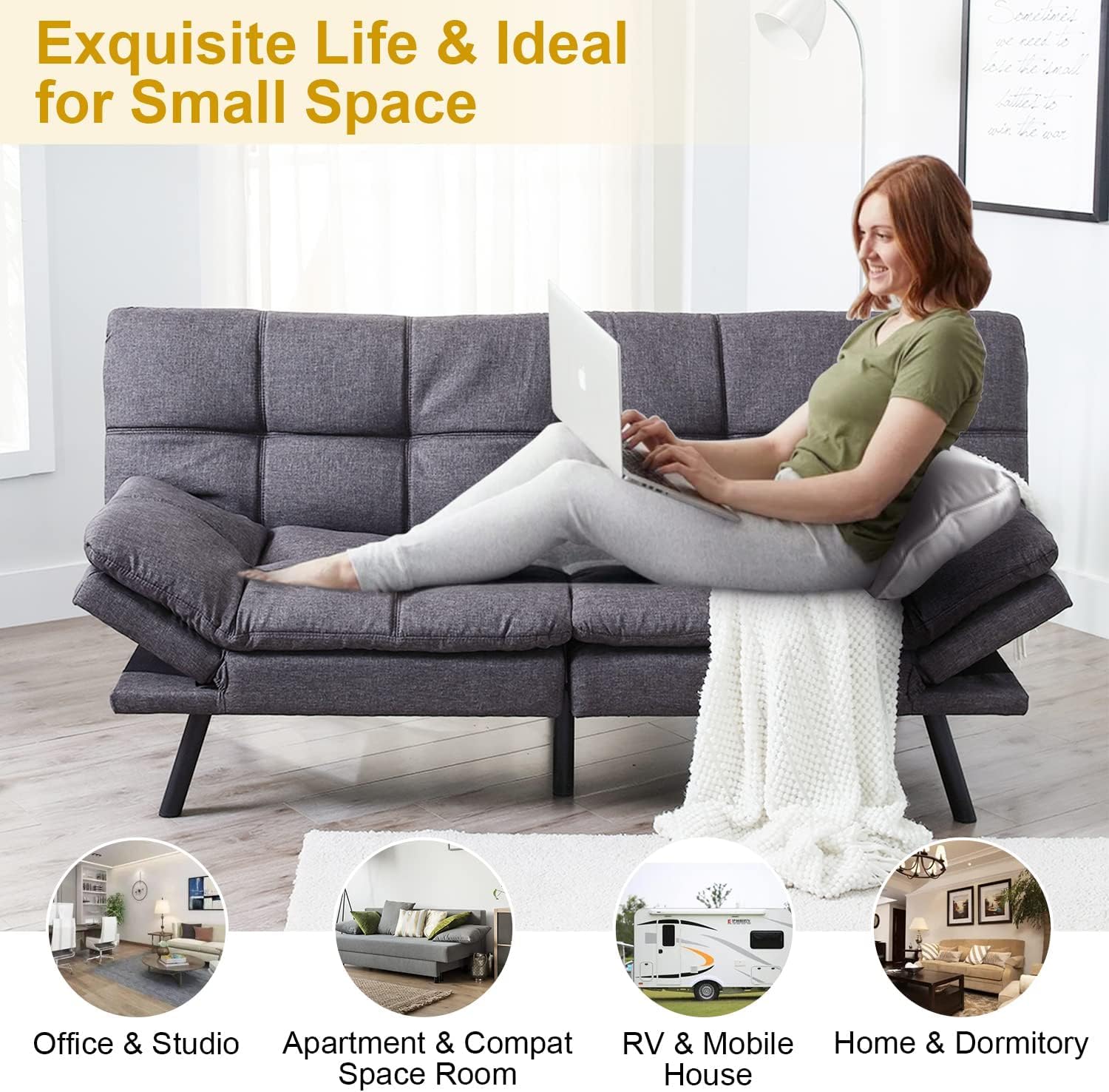 MUUEGM Convertible Futon Sofa Bed Couch Memory Foam Futon Couch Bed Modern Futon Sleeper Leather Sofa Couch Folding Small Love Seat Couch Sleeper Sofa for Living Room Office Small Space