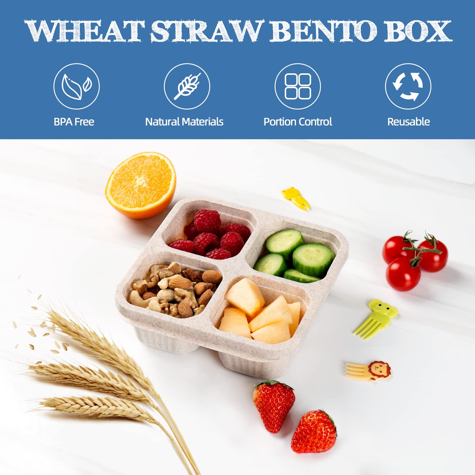 DESLON 6 Pack Snack Containers for Adults Kids, 4 Compartment Bento Snack Box, Reusable Meal Prep Lunch Containers with Compartment, Divided Small Snack Containers Bento Box for Travel Work
