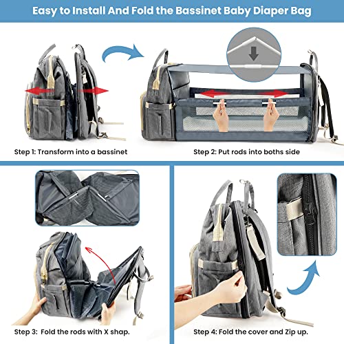 Kompoll Unisex Diaper Bag Backpack, Grey, Large Capacity, Waterproof, Padded Shoulder Straps, Reinforced Zippers, 5 Pockets with Insulated Function, Suitable for 0-24 Months