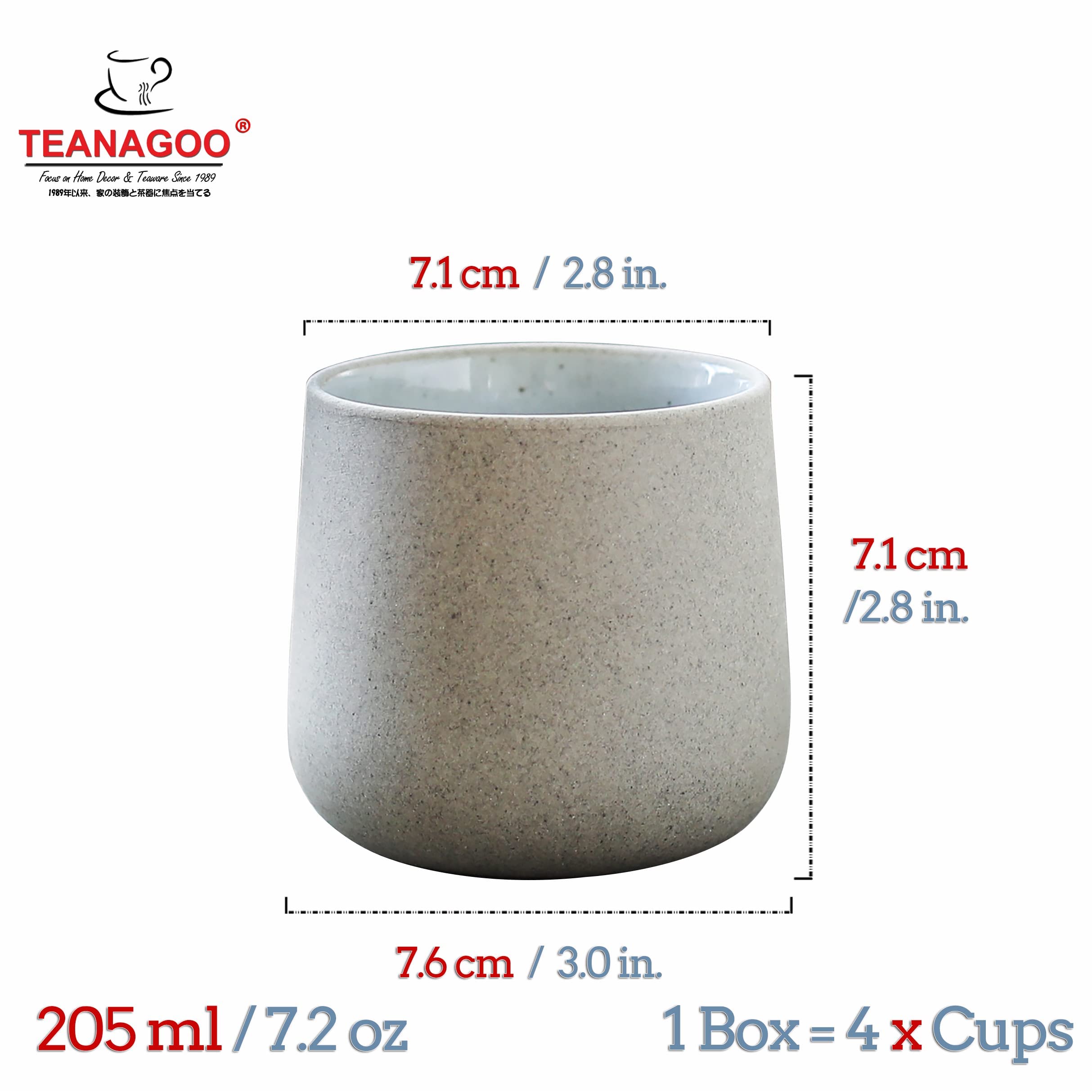 TEANAGOO Japanese Tea Cups, Chinese Tea Cup, 7.2Oz / 205 Ml, Ceramic Tea Cup for Adults, Ceramic Cups no Handles, Japanese Cups, Asian Tea Cups Matcha Cup, Darker Grey, 4 Pcs/Box, H4