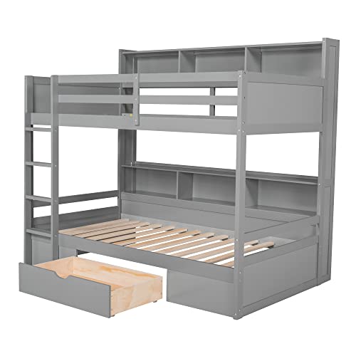 Merax Twin Size Bunk Bed with Built-in Shelves Beside Both Upper and Down Bed and Storage Drawer, Twin Over Twin Solid Wood Bed Frame for Teens, Grey
