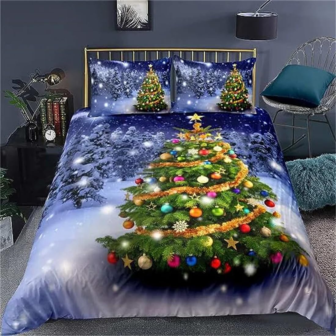NTCYGJ Christmas Duvet Cover Queen Size, Christmas Tree Snow Scene Bedding Set,Holiday Decor,Christmas Theme Quilt Cover Set,with Zipper Closure Doona Cover(Queen Size)