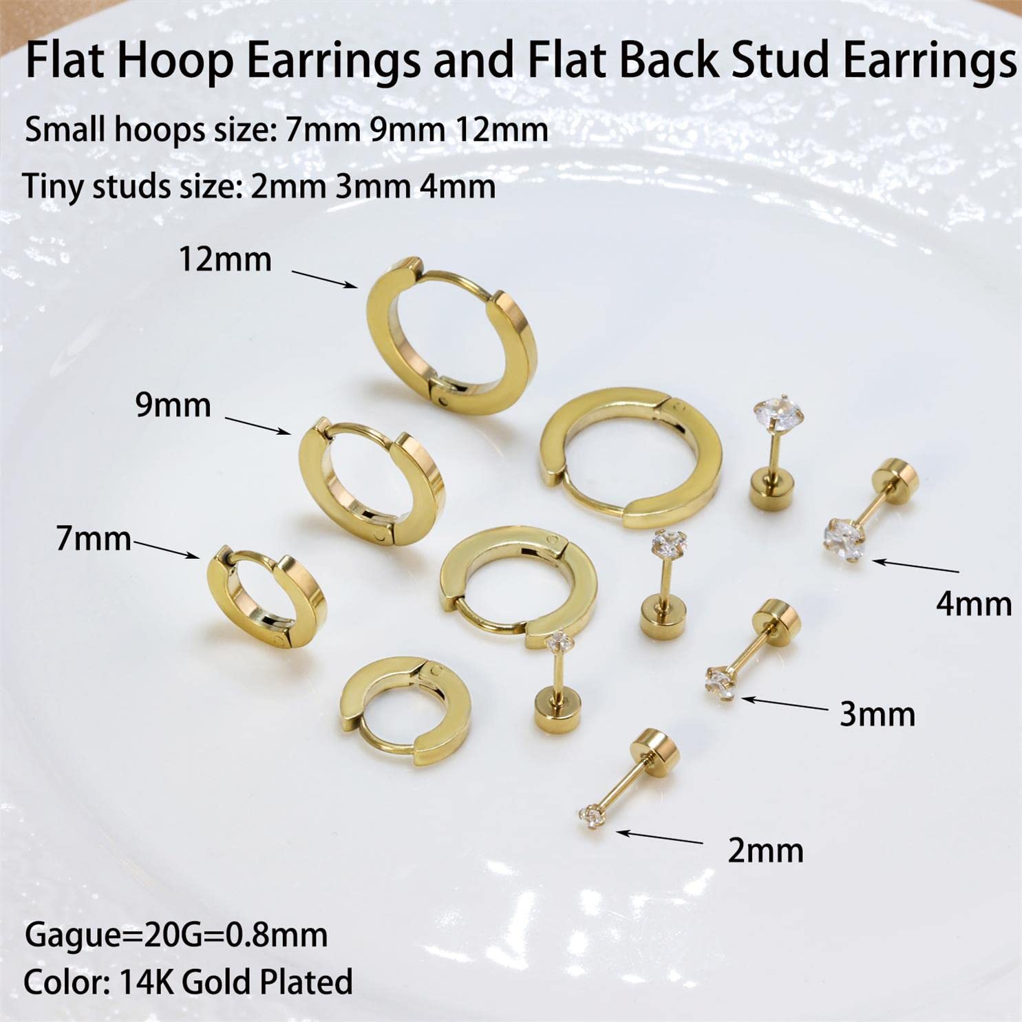 Earring Sets for Multiple Piercing, 6 Pairs 14K Gold Plated Small Huggie Hoop Earrings Tiny Flat Back Cubic Zirconia Earrings Studs Cartilage Helix Earring for Women Men (14K Gold)