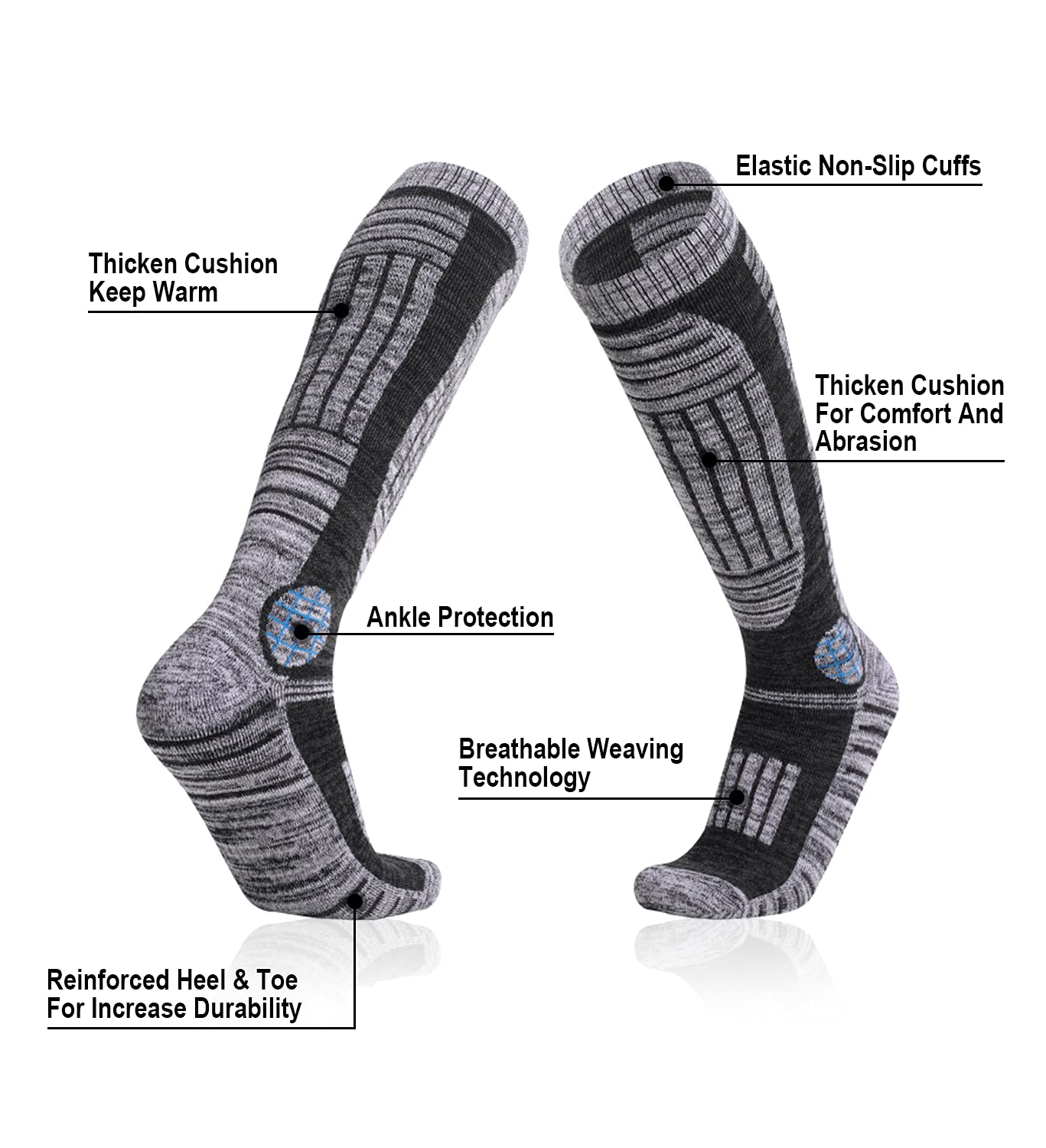 Ekouaer Ski Socks 2 Pairs Pack for Skiing, Snowboarding, Outdoor Sports Performance Socks