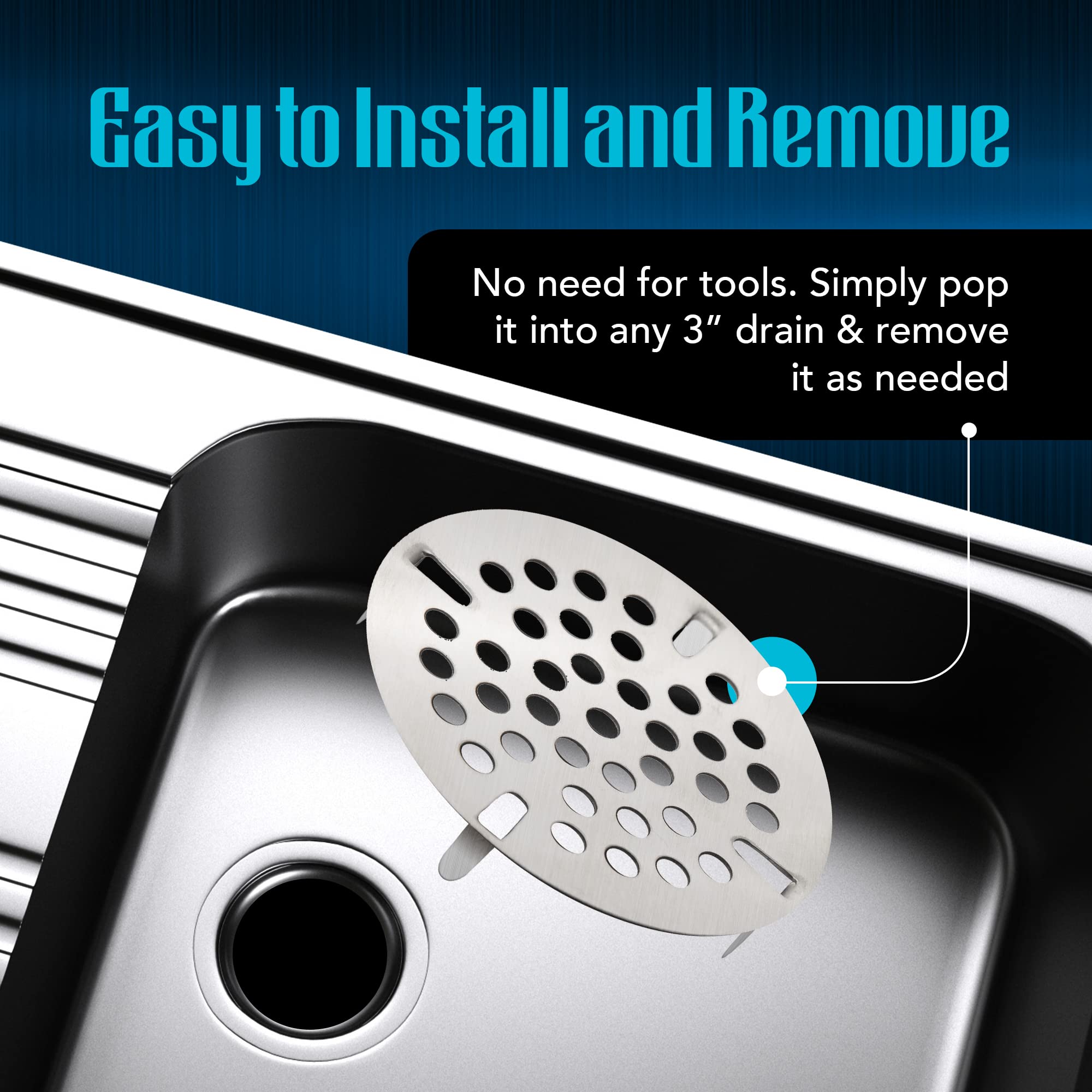 STEADYKLEEN - 3-inch Commercial Sink Strainer, Flat Kitchen Sink Strainer with Tabs, Install on 3-inch Sink Drain, Durable Sink Strainer Basket Alternative for Twist Waste Drain on 3 Compartment Sink