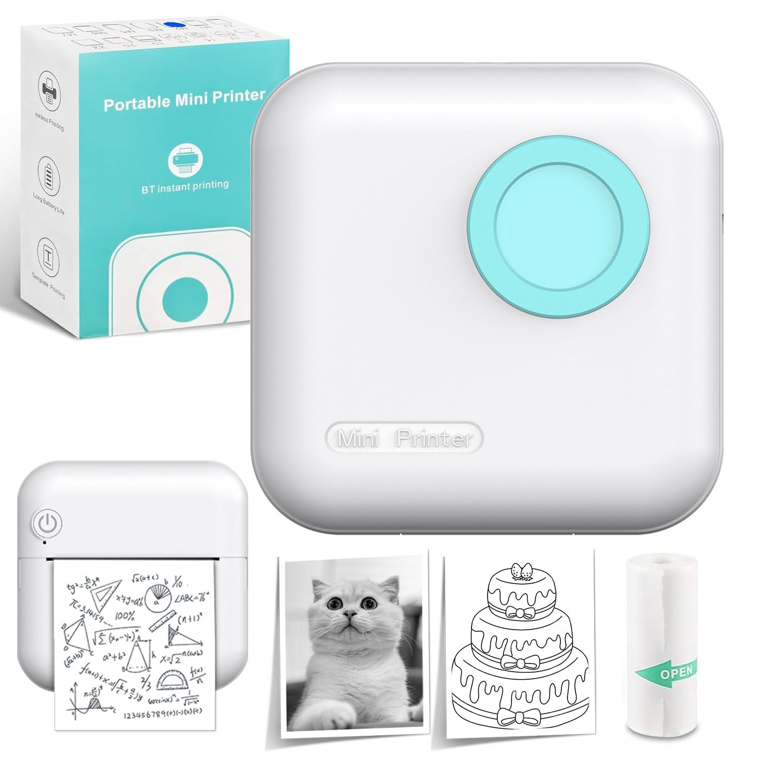 Mini Printer M2, Wireless Label Printer with White Roll Papers, Portable Inkless Sticker Maker, Portable Receipt Printer for Scrapbook Notes Lists Photo Journal Memo Label (Blue)