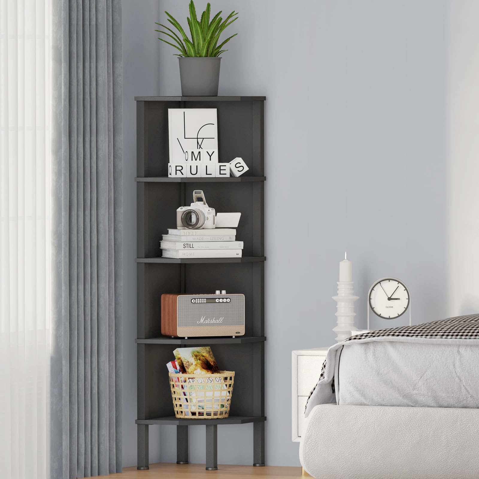 LAATOOREE 5 Tier Corner Shelf, Corner Stand Rack, Freestanding Wooden Corner Bookshelf, Plant Display Shelving Unit for Small Space, Living Room, Bedroom, Office, Kitchen (Black, 5 Tier)