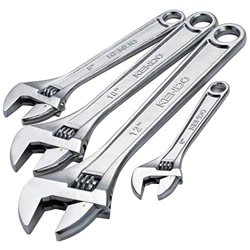 Kendo 4pcs Heavy Duty Adjustable Wrench Set - 6", 8", 10" & 12" Wrench - Drop Forged Heat Treated Chrome Vanadium Steel - Roll-up Storage Pouch Included