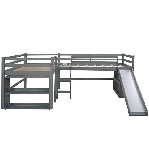 VilroCaz L-Shaped Twin Size Loft Bed with Widened Ladders and Slide, Solid Wood Loft Bed Frames with Safety Guardrail and Movable Bookshelfs for Kids, Teens, Girls & Boys (Gray)