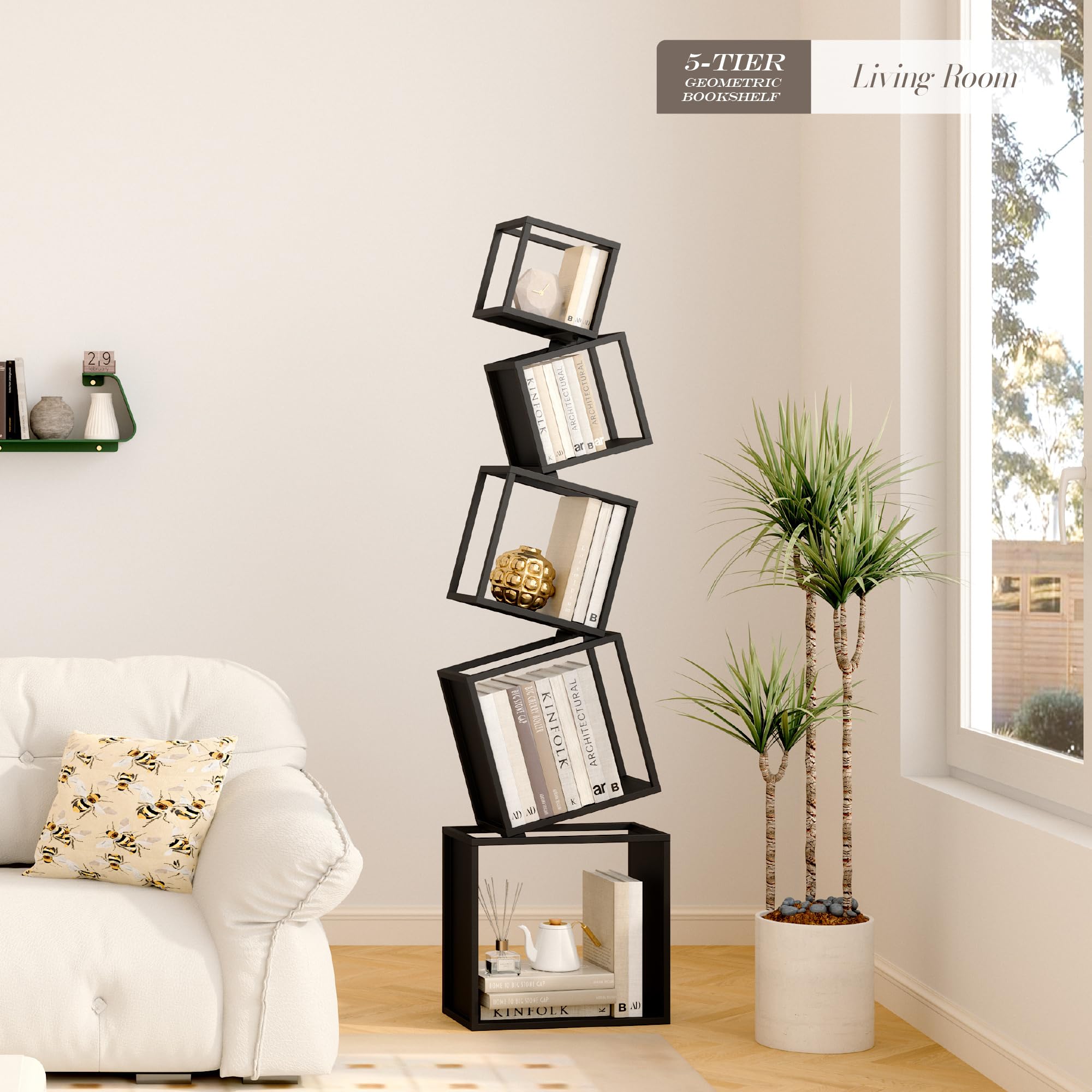 Sttoraboks Bookshelf, 5-Tier Geometric Bookcase, 70.6" Tall Black Book Organizer, Industrial Bookshelf, Book Case, Corner Book Shelf, Display Shelf, Storage Shelves for CDs/Books/Home Décor