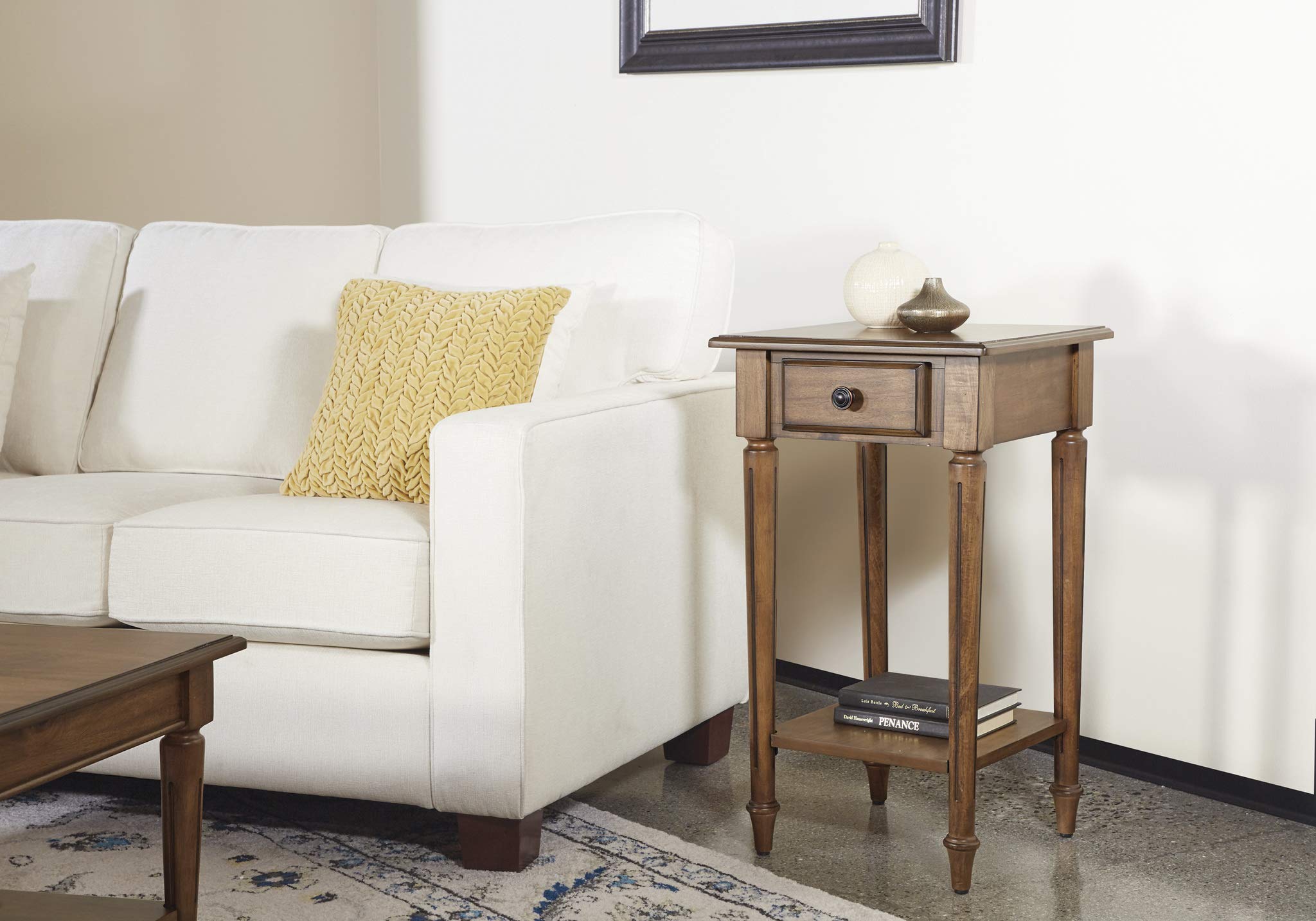 OSP Home Furnishings Ivory Fabric Russell Reversible Sectional Sofa with 2 Pillows and Coffee Finished Legs
