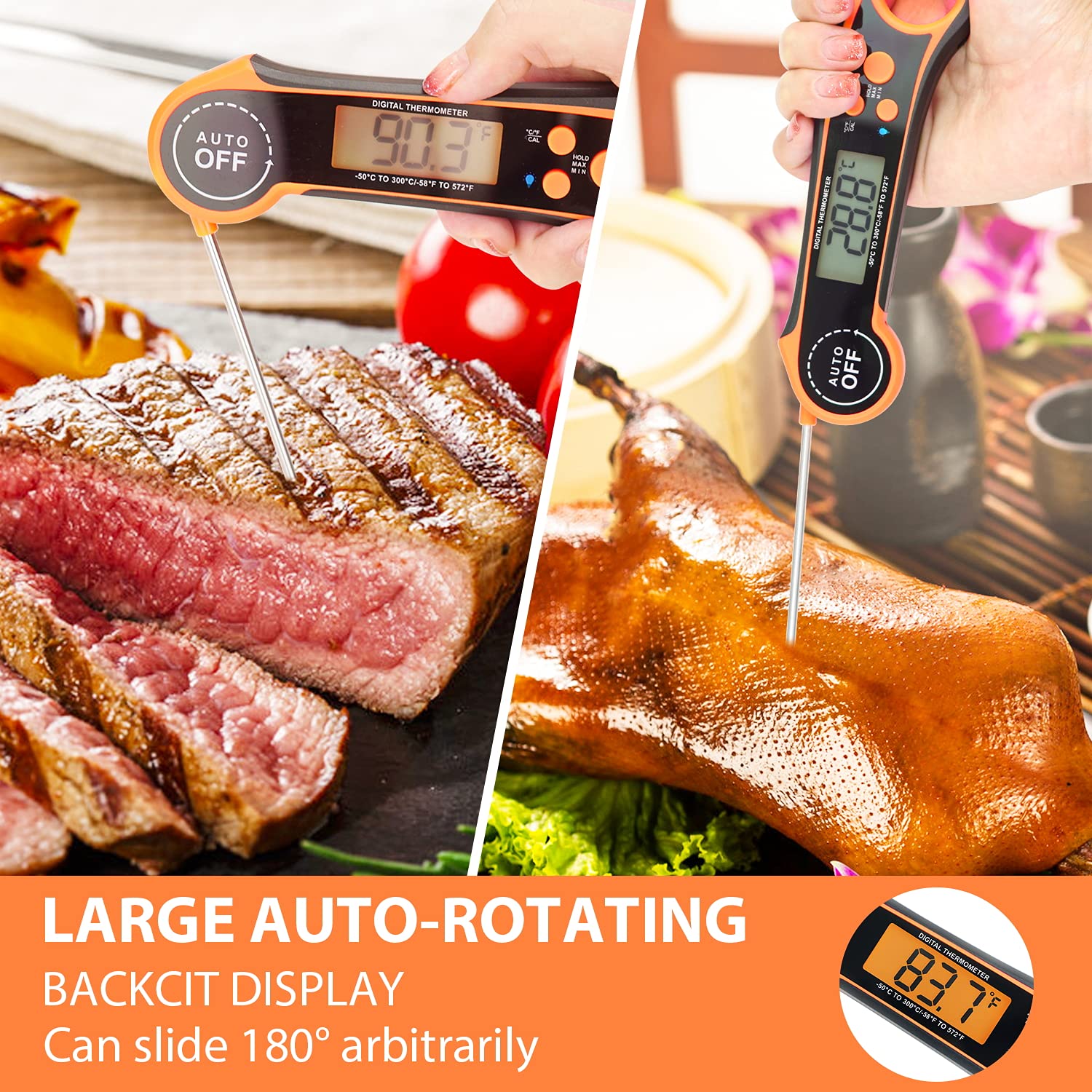 Instant Read Meat Thermometer for Cooking, Fast & Precise Waterproof Digital Food Thermometer with Magnet, Backlight, Calibration and Foldable Probe for Deep Frying, Grill