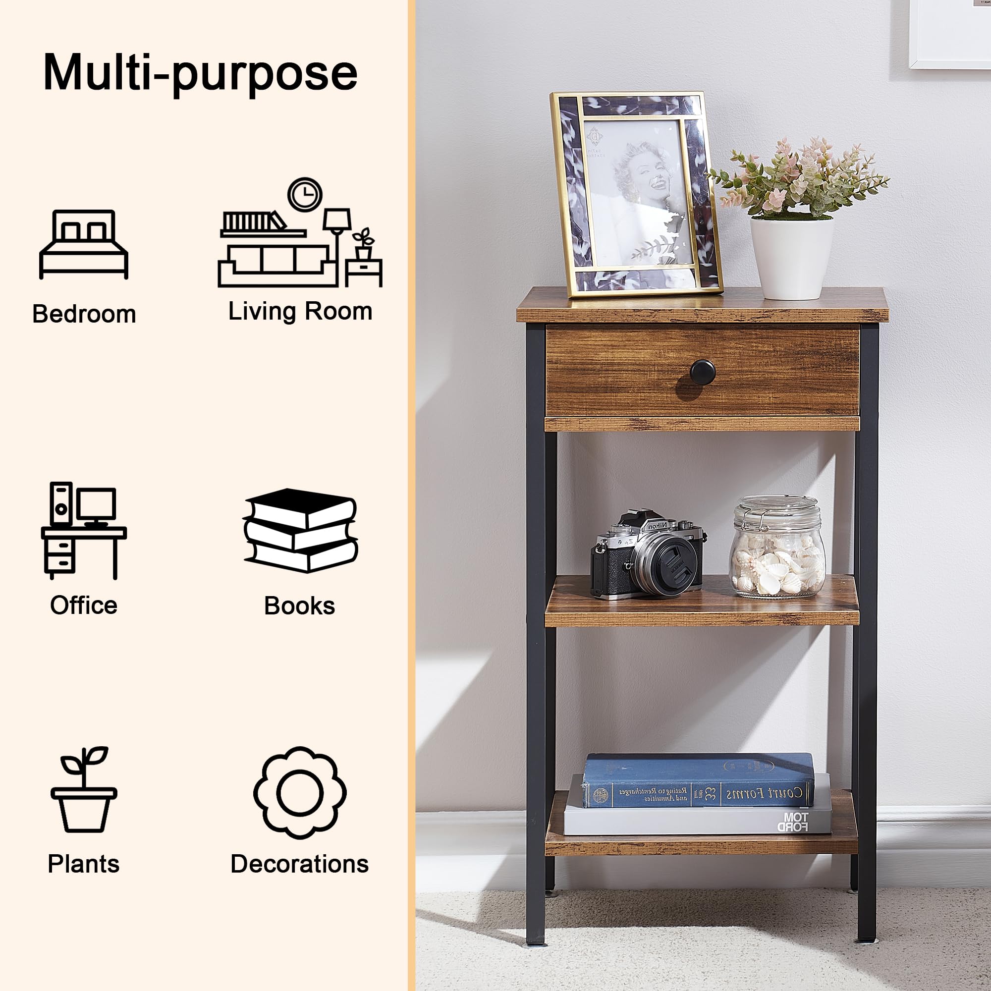 VECELO Tall End Side Table,Nightstand with Adjustable Shelf and Bin Drawer for Living Room/Bedroom/Entryway Small Spaces