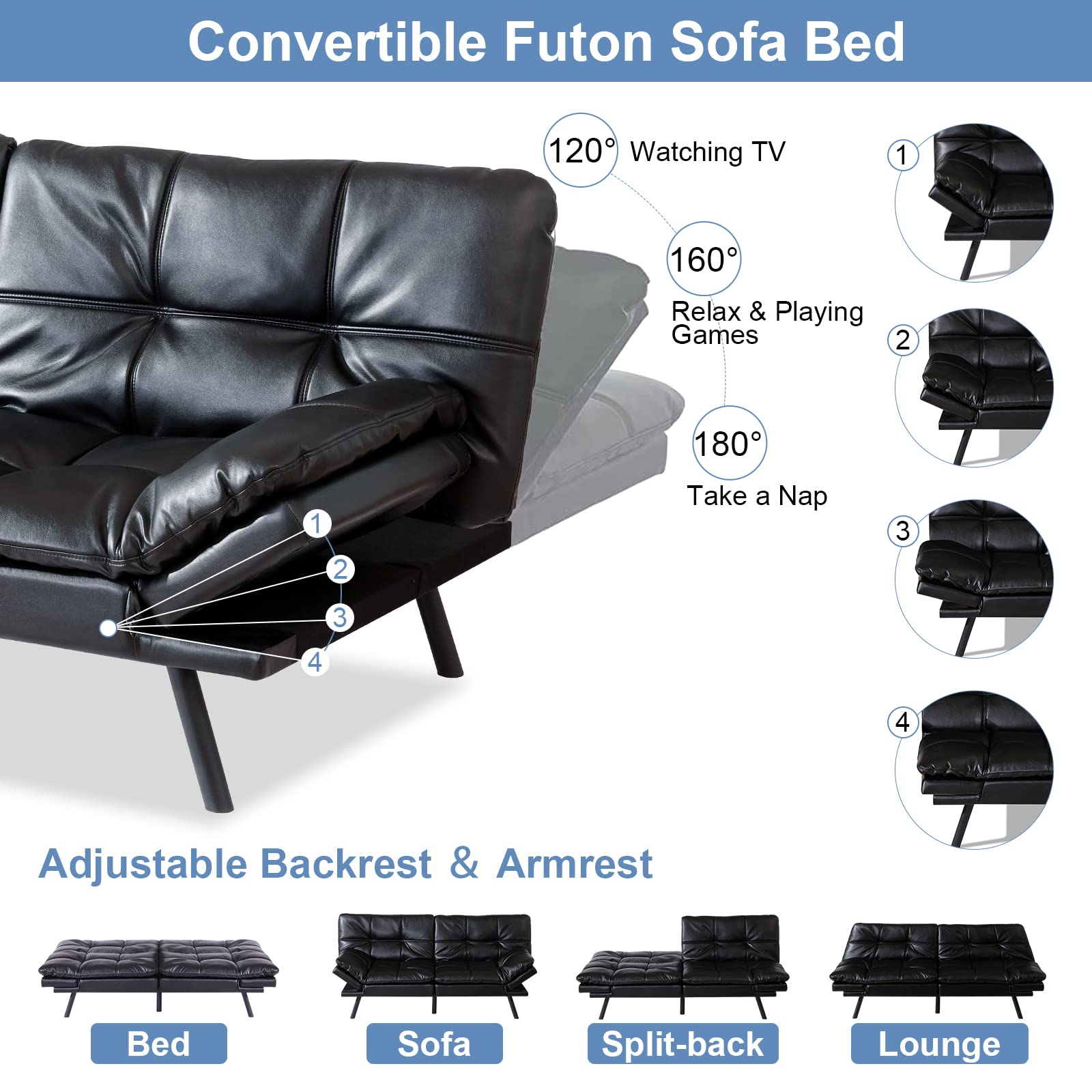 MUUEGM Futon Bed Couch Faux Leather Convertible Sleeper,Memory Foam Modern Love seat with Adjustable Arm&Back,for Living Room,Office,Small Space,Dorm,Apartment Sofabed, Black Sofa-New