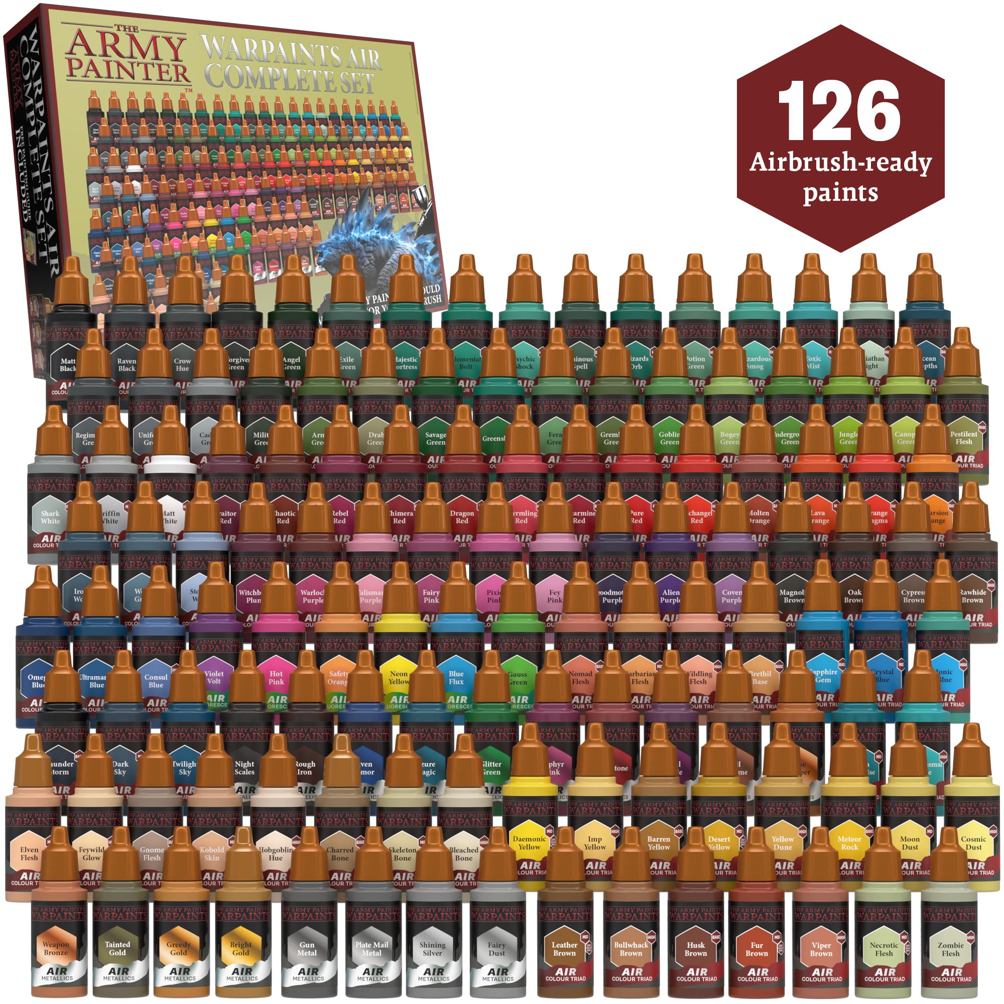 The Army Painter Warpaints Air Complete Set - 126 Non-Toxic Water Based Airbrush Paint Set – Miniature Paint for Tabletop Roleplaying, Boardgames, and Wargames Miniature Model Painting