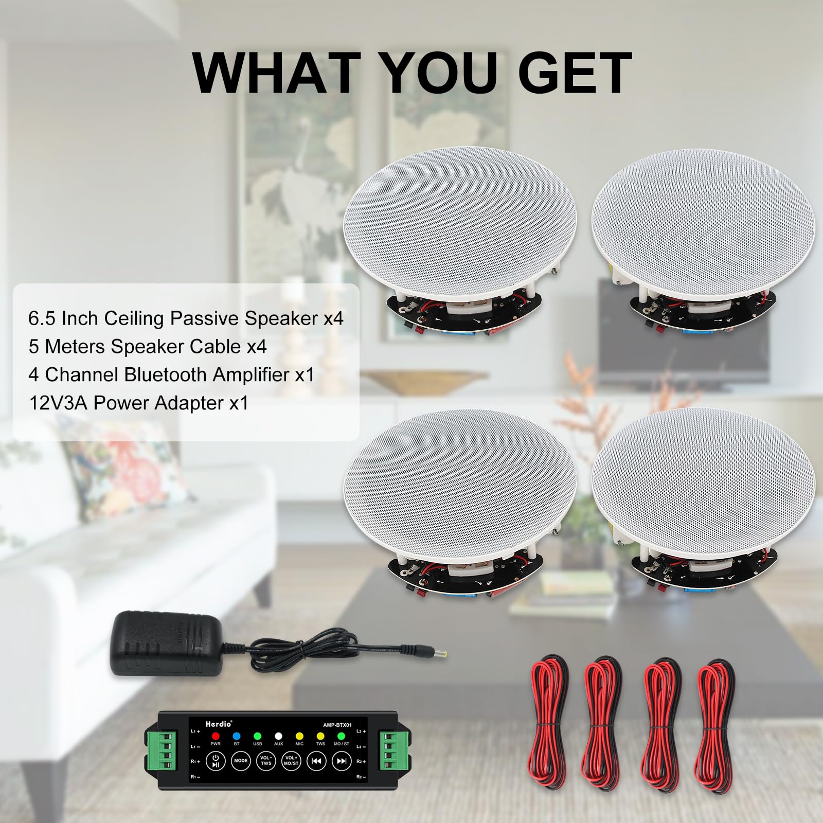 Herdio 6.5" 600 Watts Bluetooth Ceiling Speakers Wireless Home Recessed Speaker System Perfect for Indoor,Kitchen,Home Theater,Bedroom,Office,Covered Patio(4 Speakers)