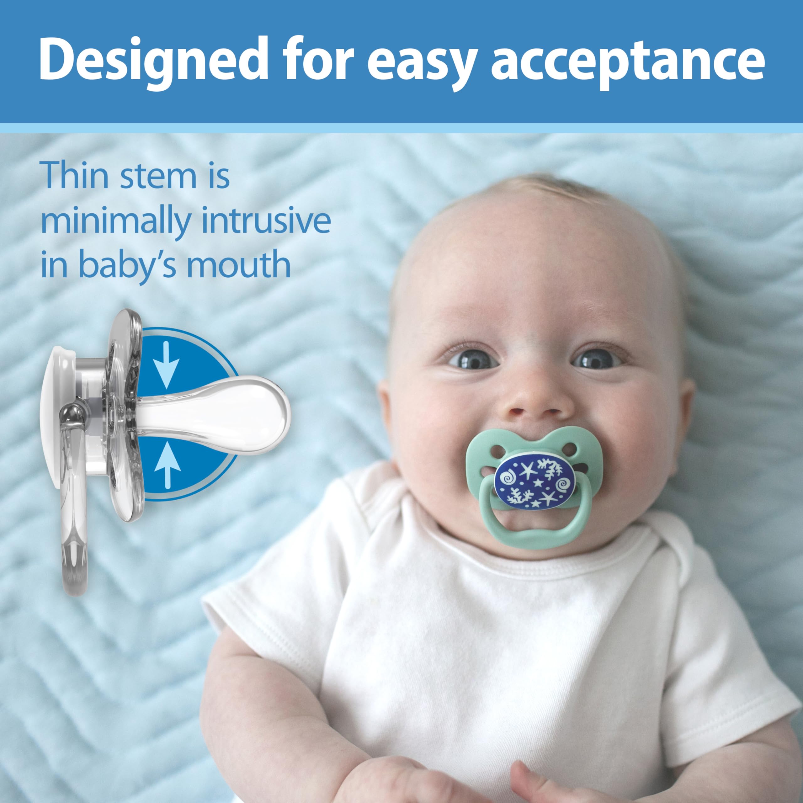 Dr. Brown’s Advantage Glow-in-the-Dark Pacifier, 100% Silicone Baby Paci Symmetrical Soother, 0-6m, BPA free, Blue, 3 Pack