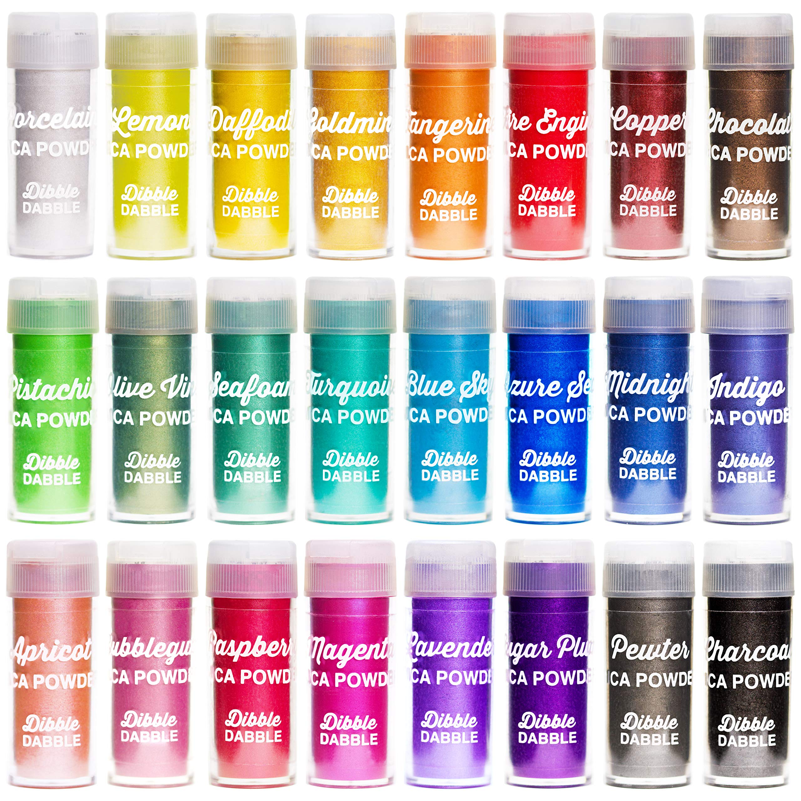 Dibble Dabble Mica Powder 24 Color Shake Jars β 240g Set - Cosmetic Grade Mica Pigment Powder for Soap Making, Epoxy Resin, Lip Gloss, Nails, Bath Bombs, Slime (10g per jar)