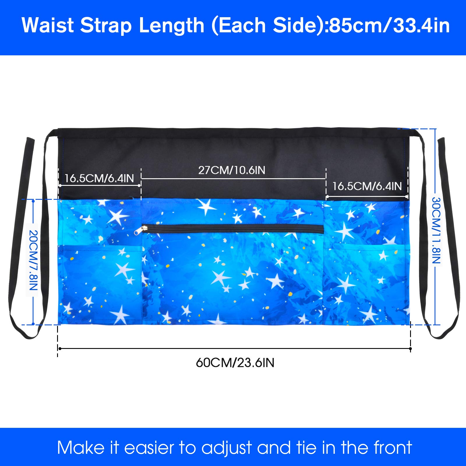 Fiodrimy Server Apron Waitress Apron with 6 Pockets, Half Waist Aprons Restaurant Chef Aprons for Women Men Home Cooking Restaurant Serving Work (Blue Starry)